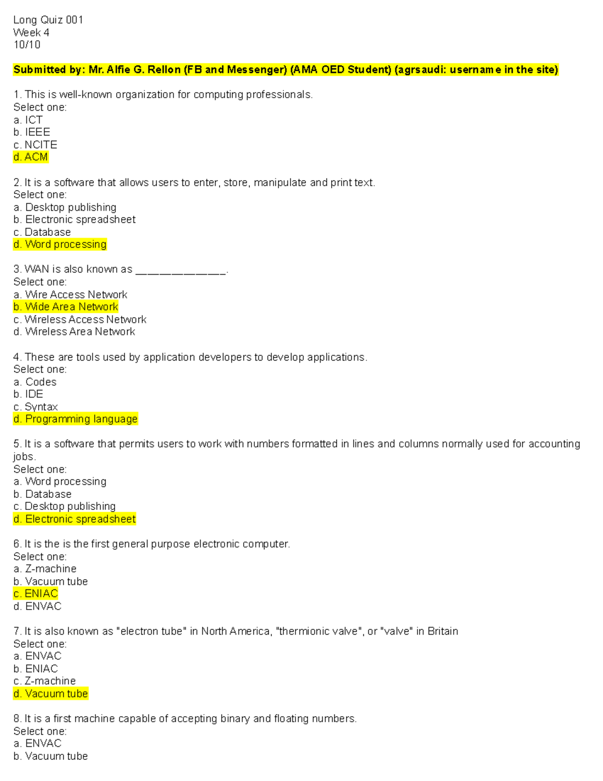 MIS6111 Fundamentals of Information System Long Quiz 001 - Long Quiz ...
