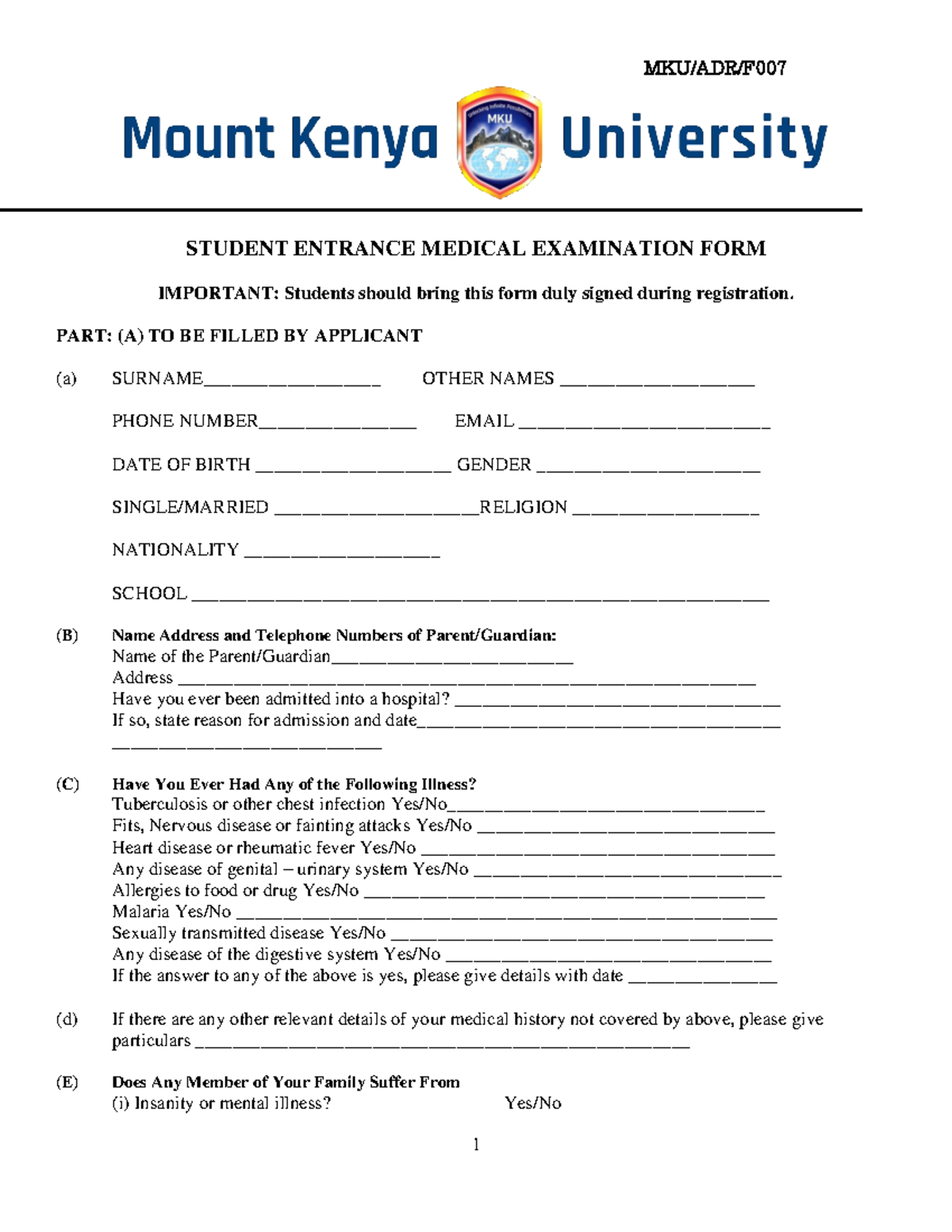MKU/ADR/F Student Entrance Medical Examination Form - Studocu