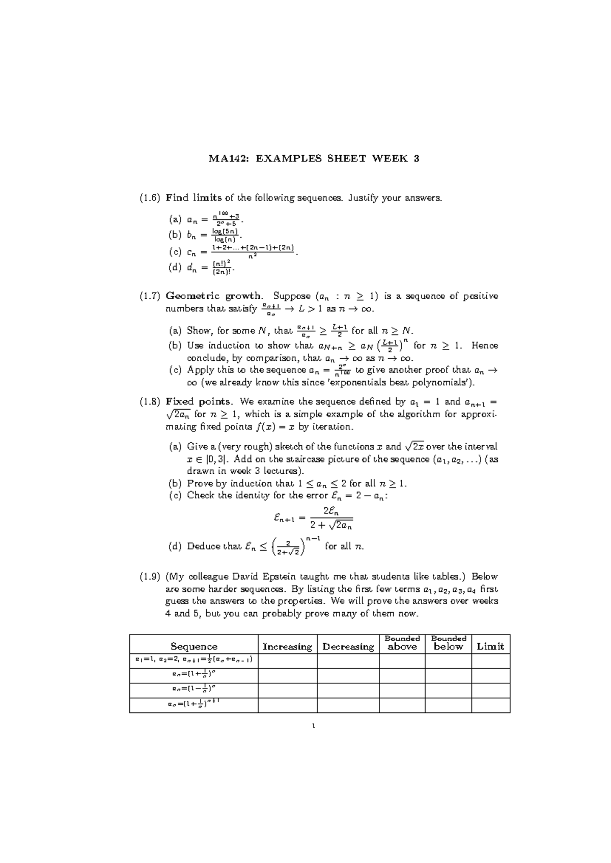 MA142: Week 3 Assignment Sheet - Analysis of Sequences and Limits - Studocu