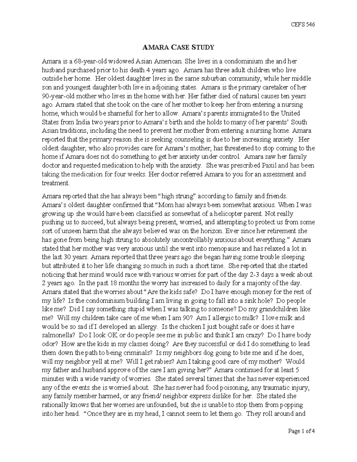 Amara Case Study: Anxiety and Caregiving Challenges COUC CEFS 546 - Studocu