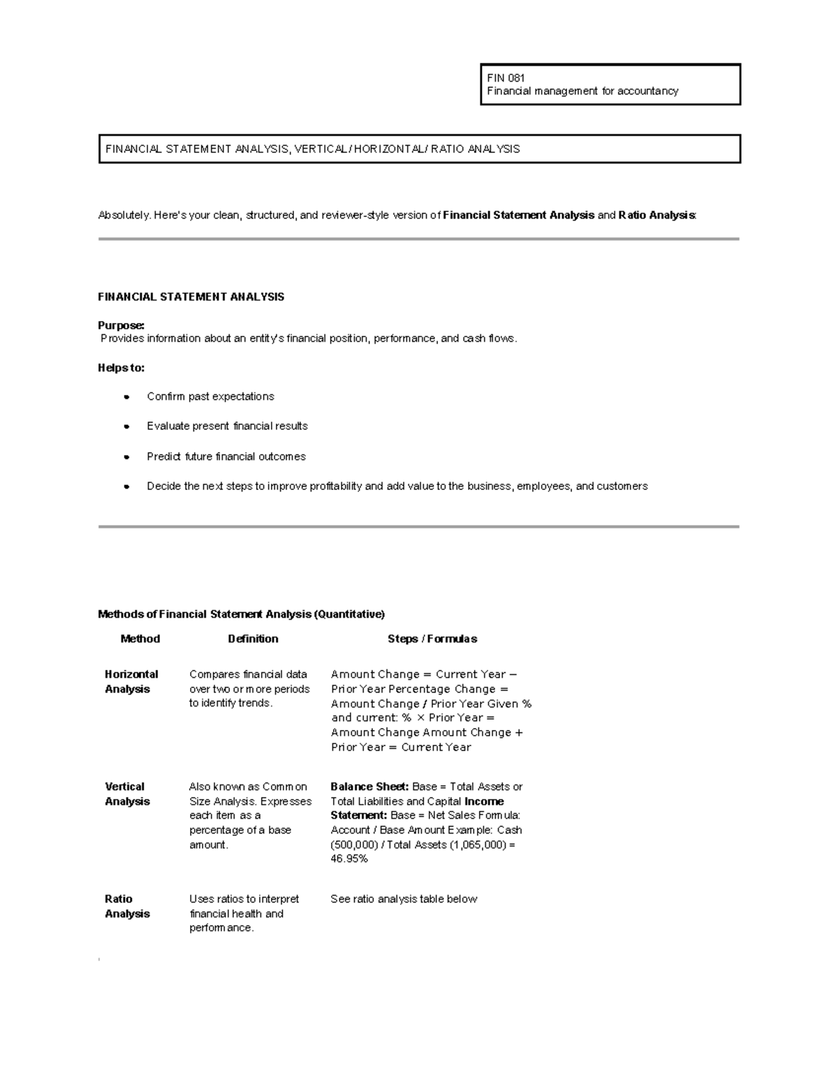 FIN 081 Financial Management: Financial Statement & Ratio Analysis ...