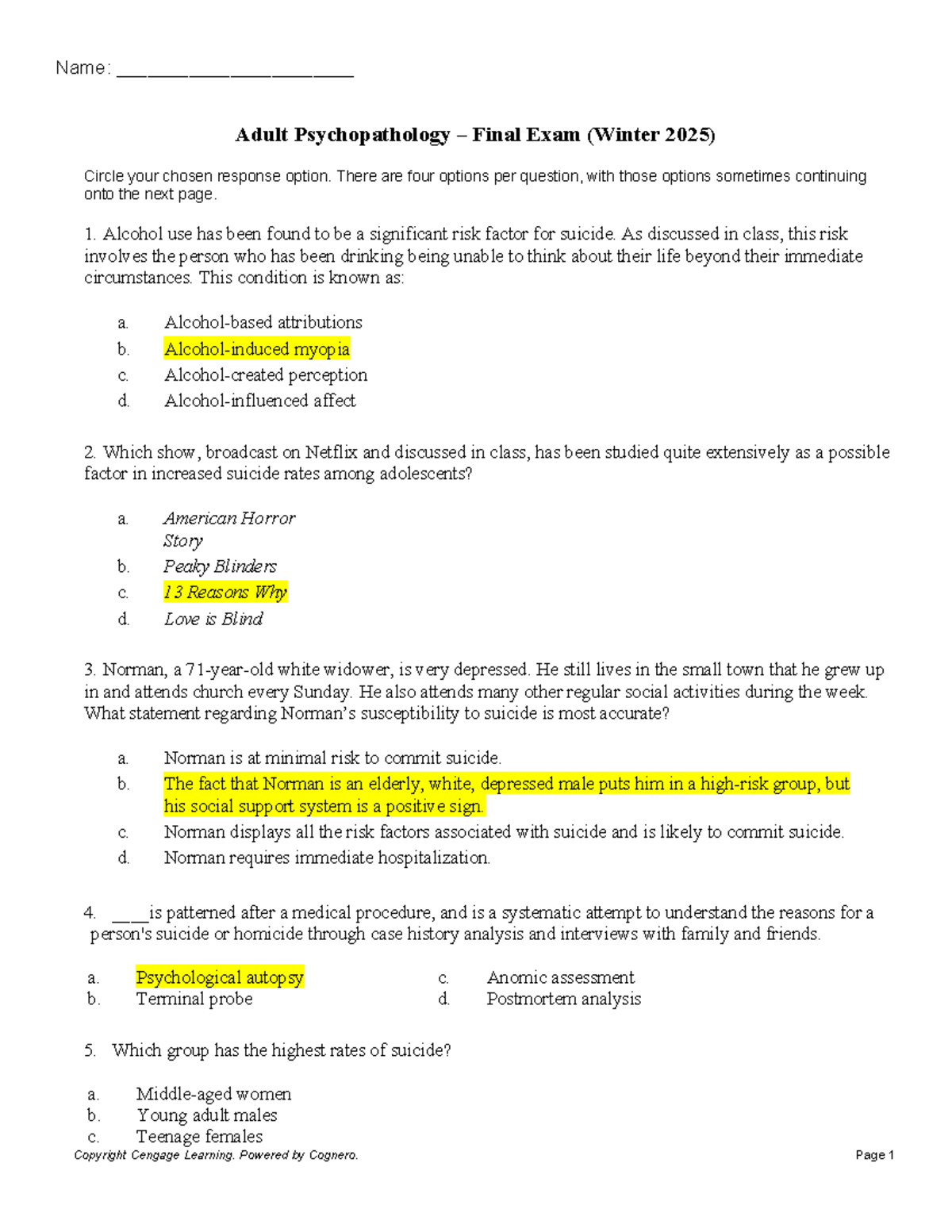 Adult Psychopathology – Final Exam Questions & Answers (Winter 2025 ...