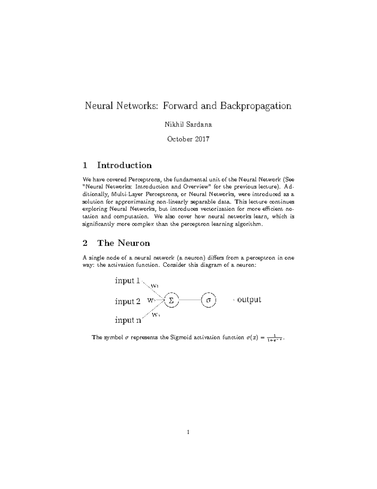 Nn2: Lecture Notes on Neural Networks - Forward & Backpropagation - Studocu