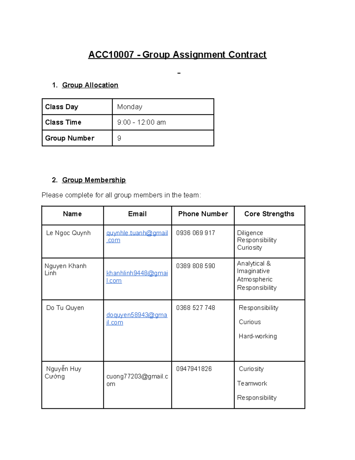 ACC10007 - Group Assignment Contract - Group Allocation Class Day ...