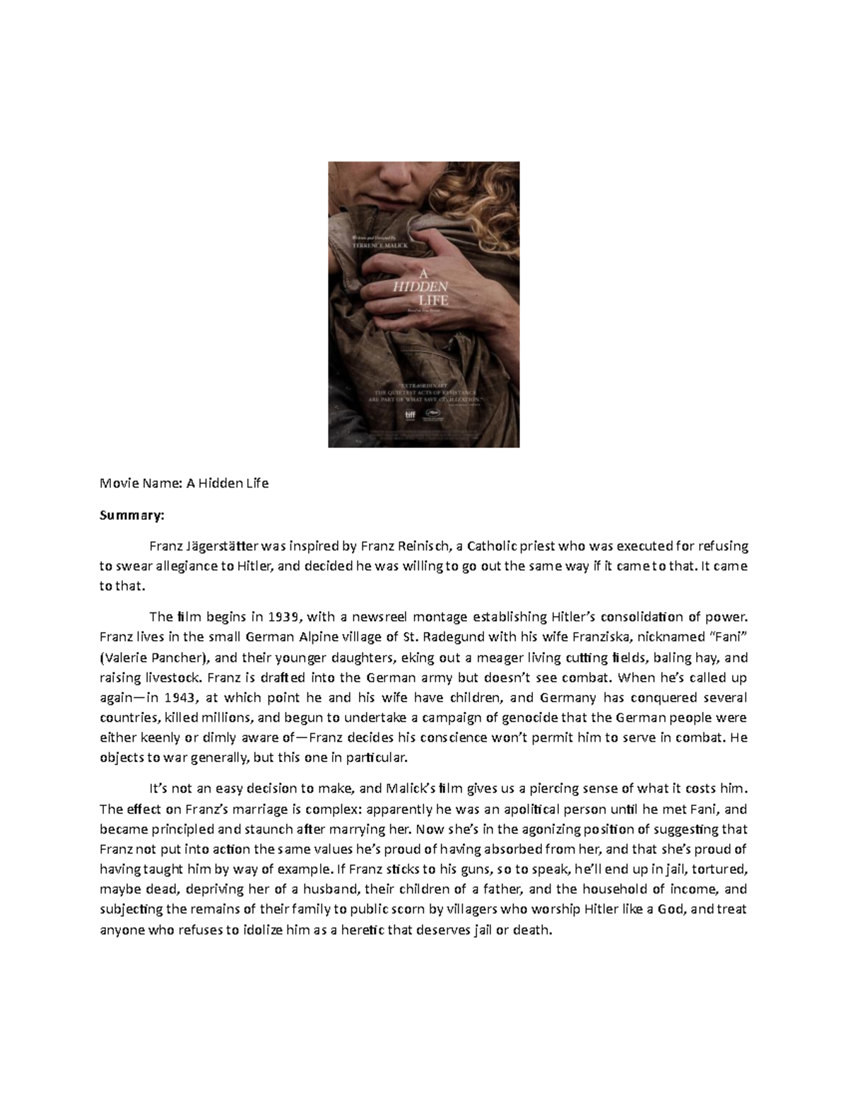 A Hidden Life (BSA 4) - Movie Review and Ethical Reflections - Studocu