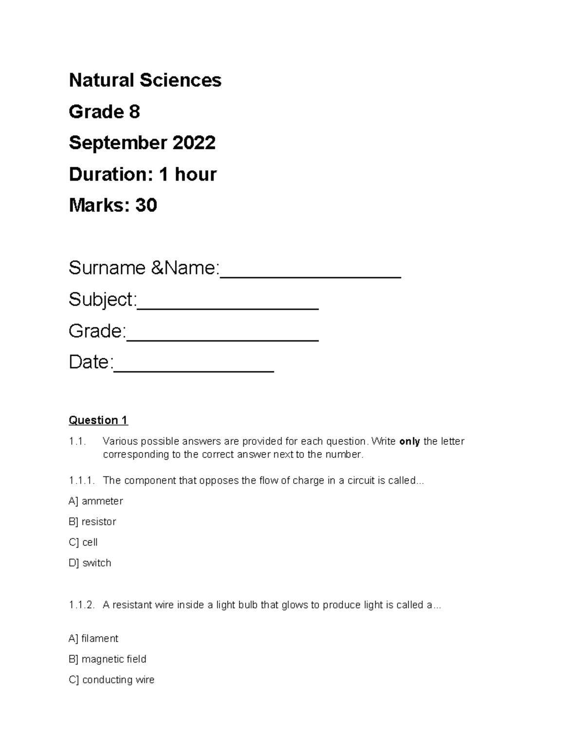 Natural Sciences Grade 8 Term 3 Test - September 2022 - Studocu