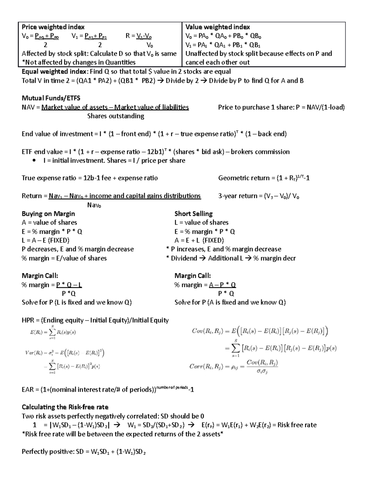 Quiz 1 Cheat Sheet - Investment Strategies & Portfolio Analysis - Studocu