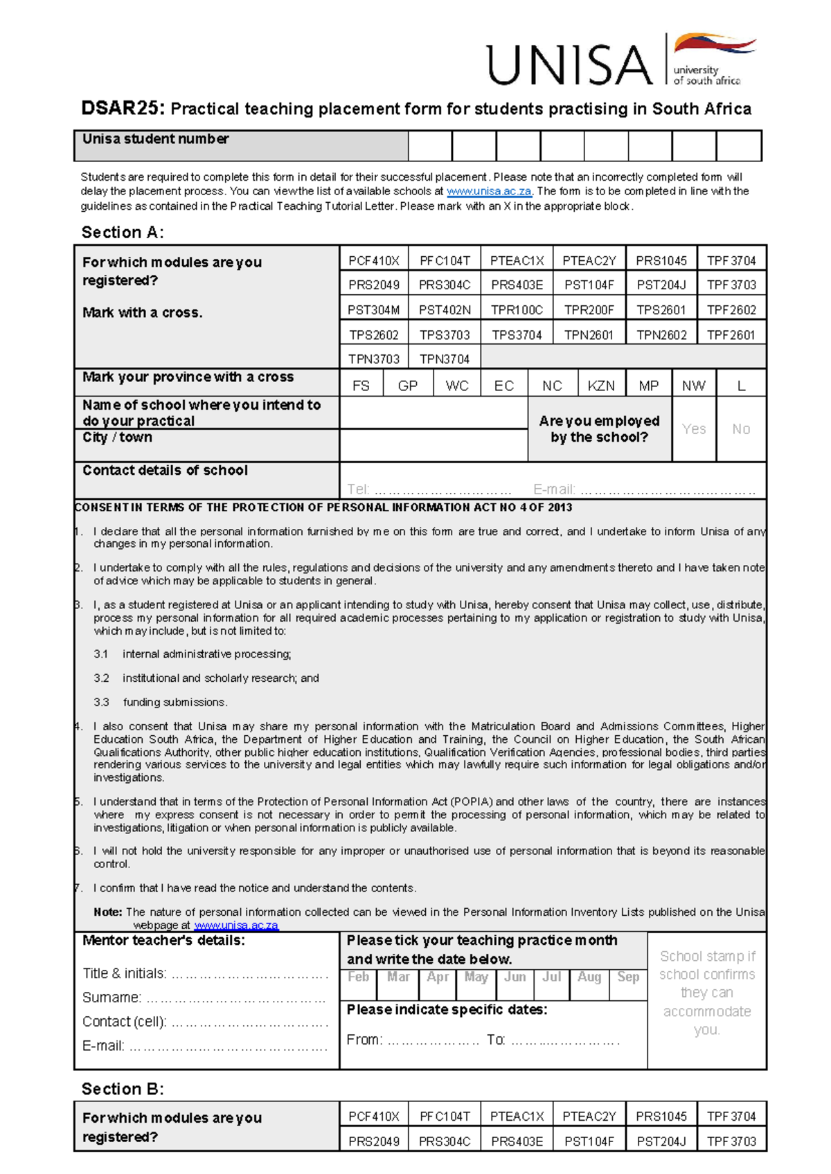 DSAR25 Practical Teaching Placement Form for RSA Students - Studocu