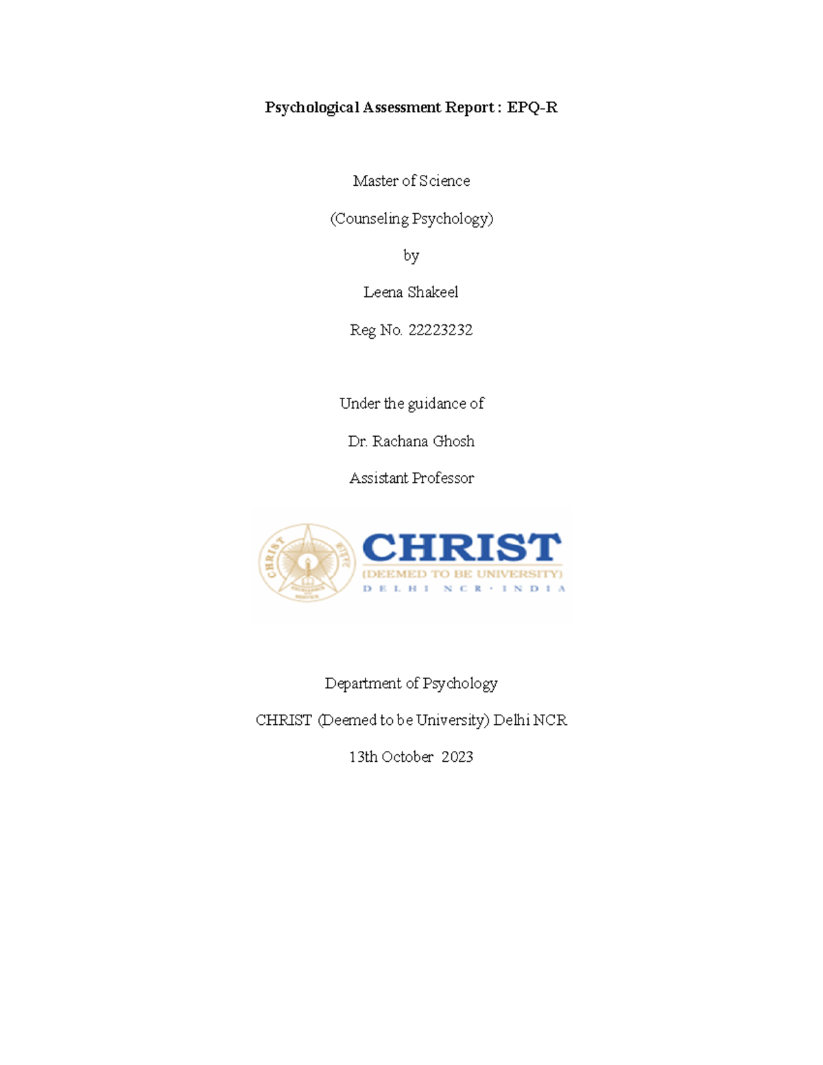 Psychological Assessment Report: EPQ-R Analysis and Insights - Studocu