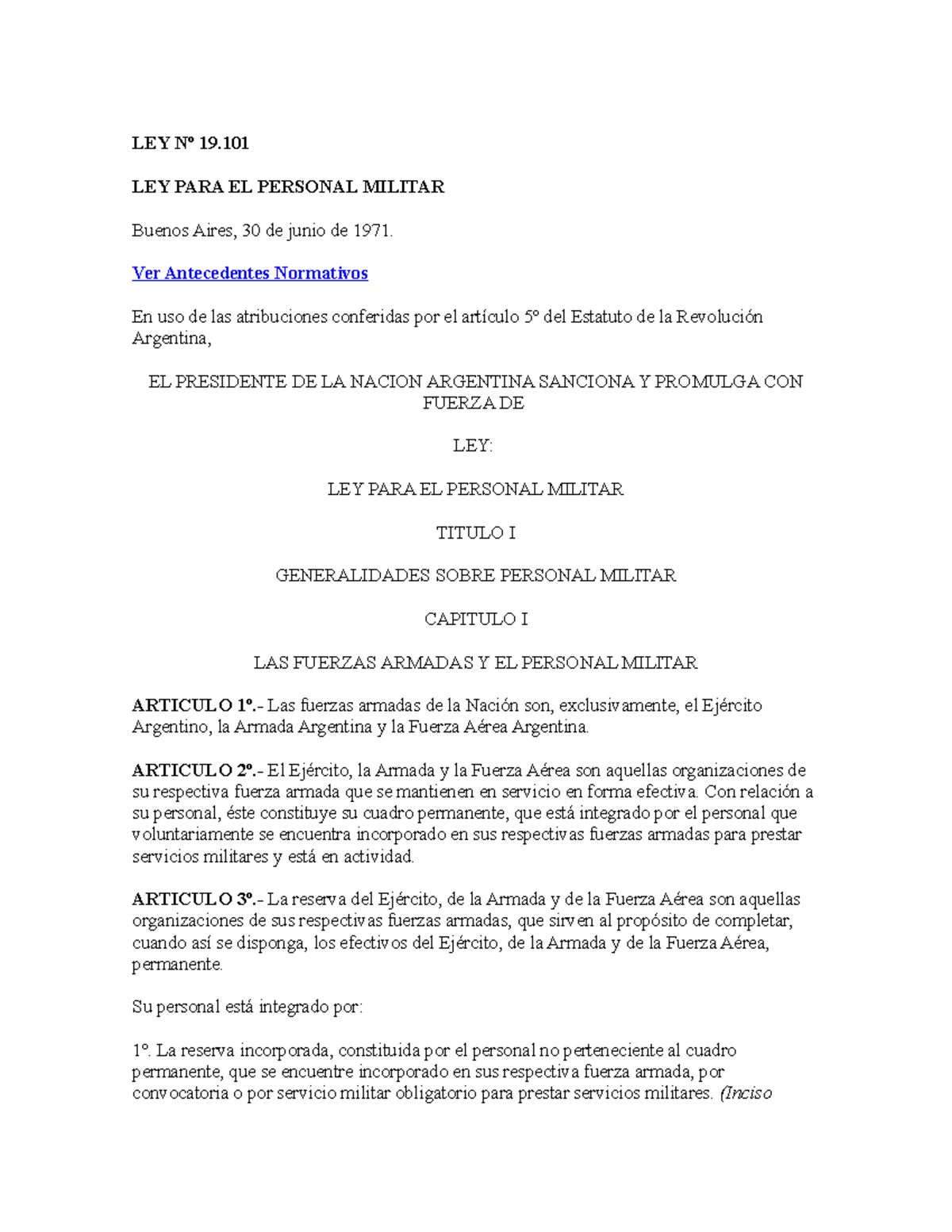 LEY Nº 19.101: Ley del Personal Militar en Argentina - Studocu