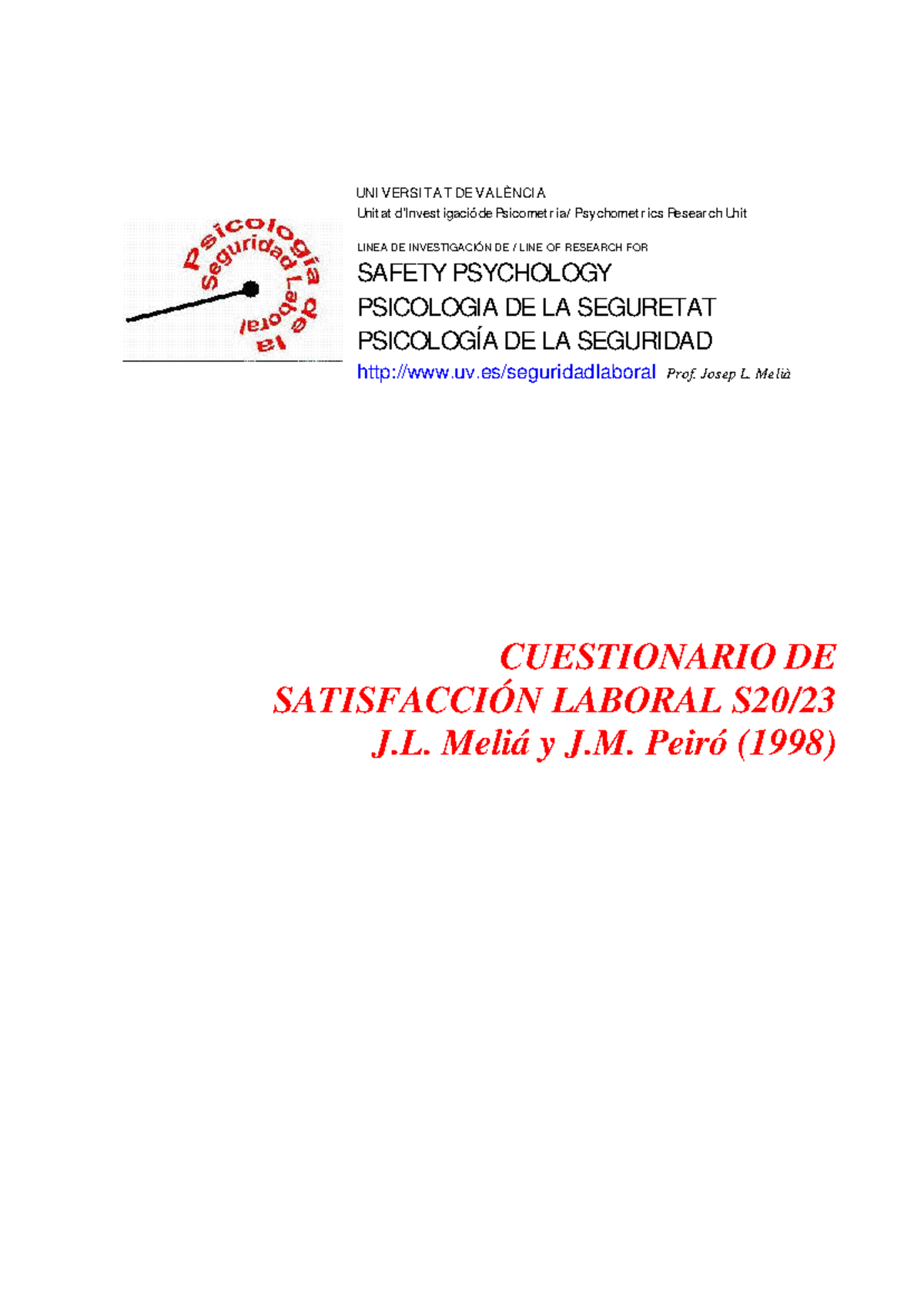 Cuestionario de Satisfacción Laboral - Universitat de València S20 23 ...