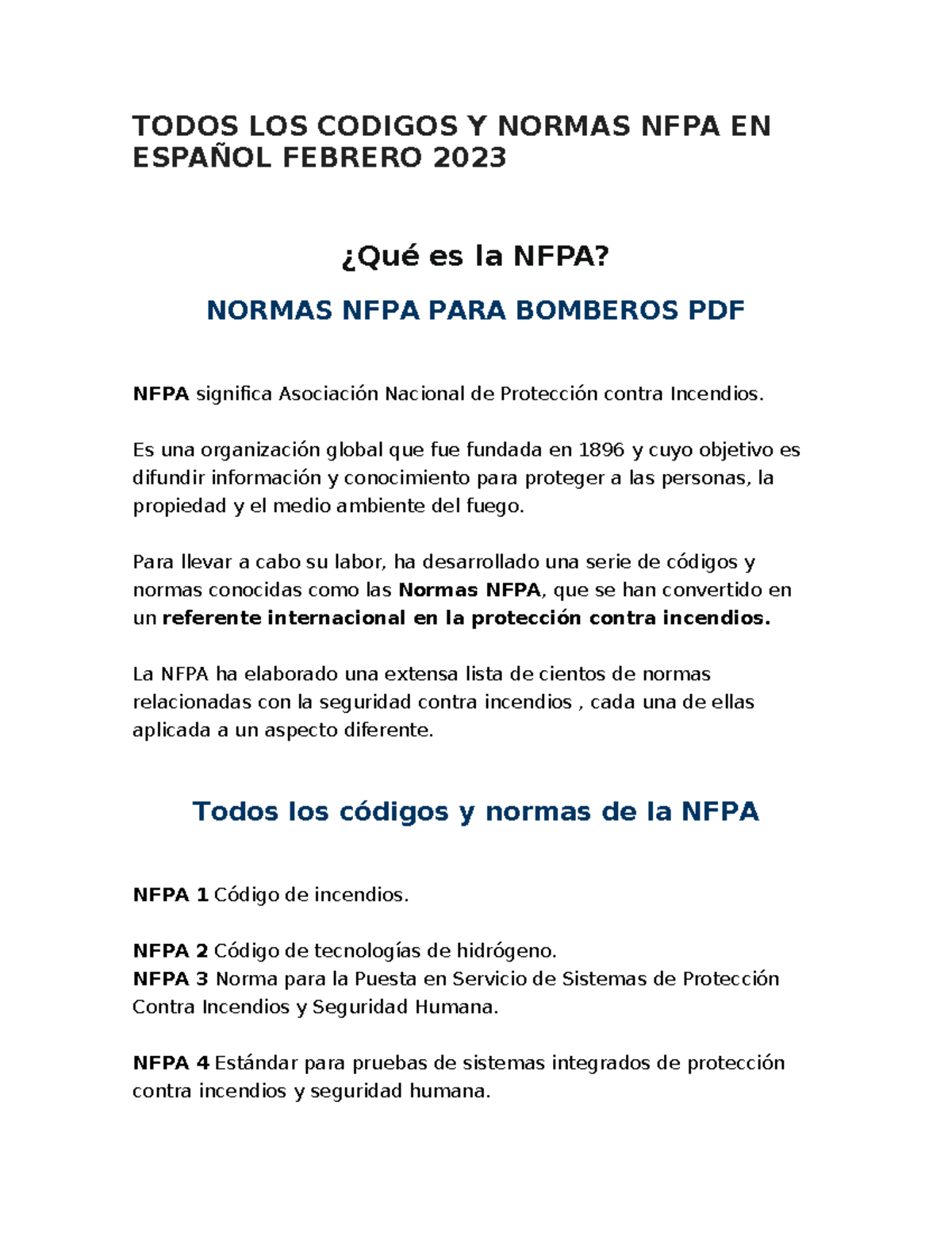 Códigos y Normas NFPA 2023: Guía Completa en Español - Studocu