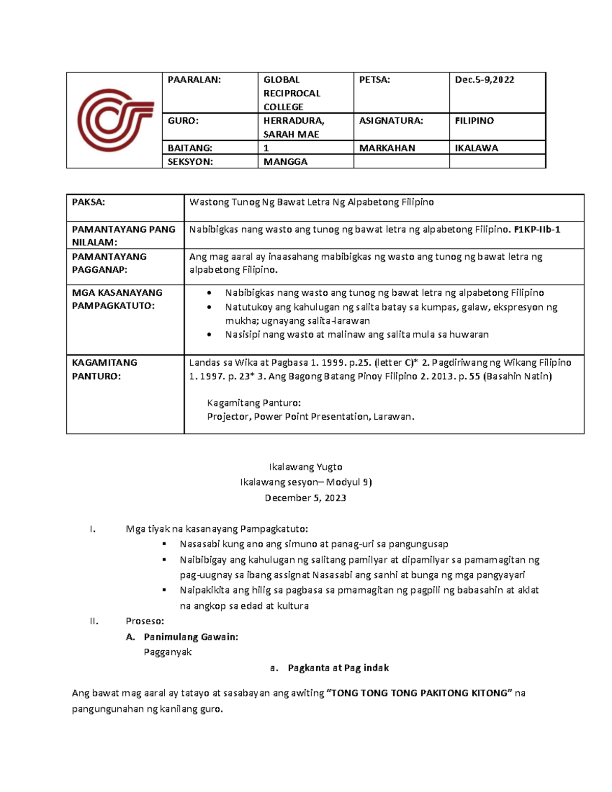 LP Filipino: Wastong Tunog ng Bawat Letra ng Alpabetong Filipino - Studocu