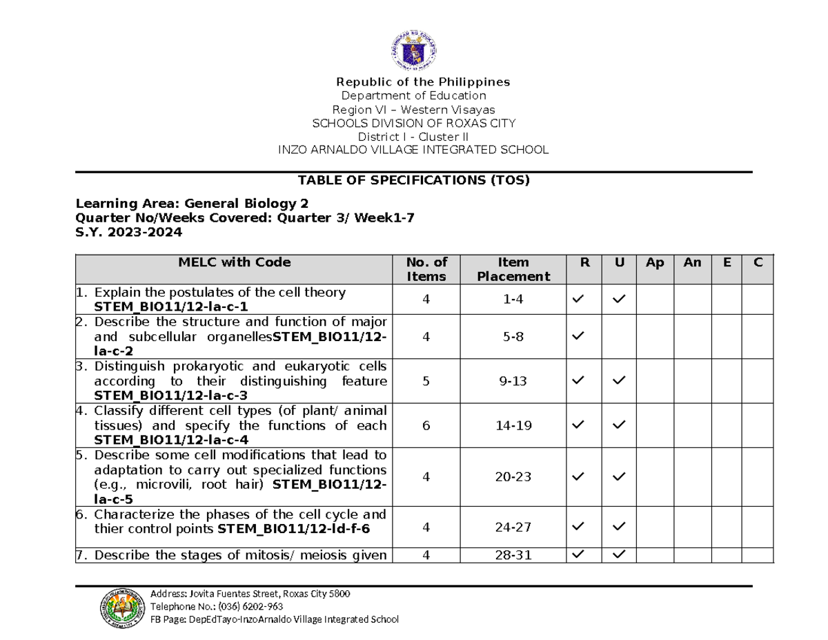 GEN BIO TOS - Table of Specifications for General Biology 2 - Studocu