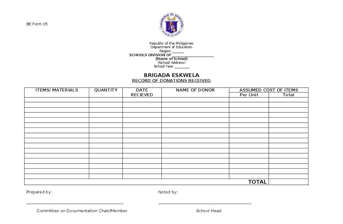 BE-Form-5- Record-OF- Donations- Received - BE Form 05 Republic of the ...