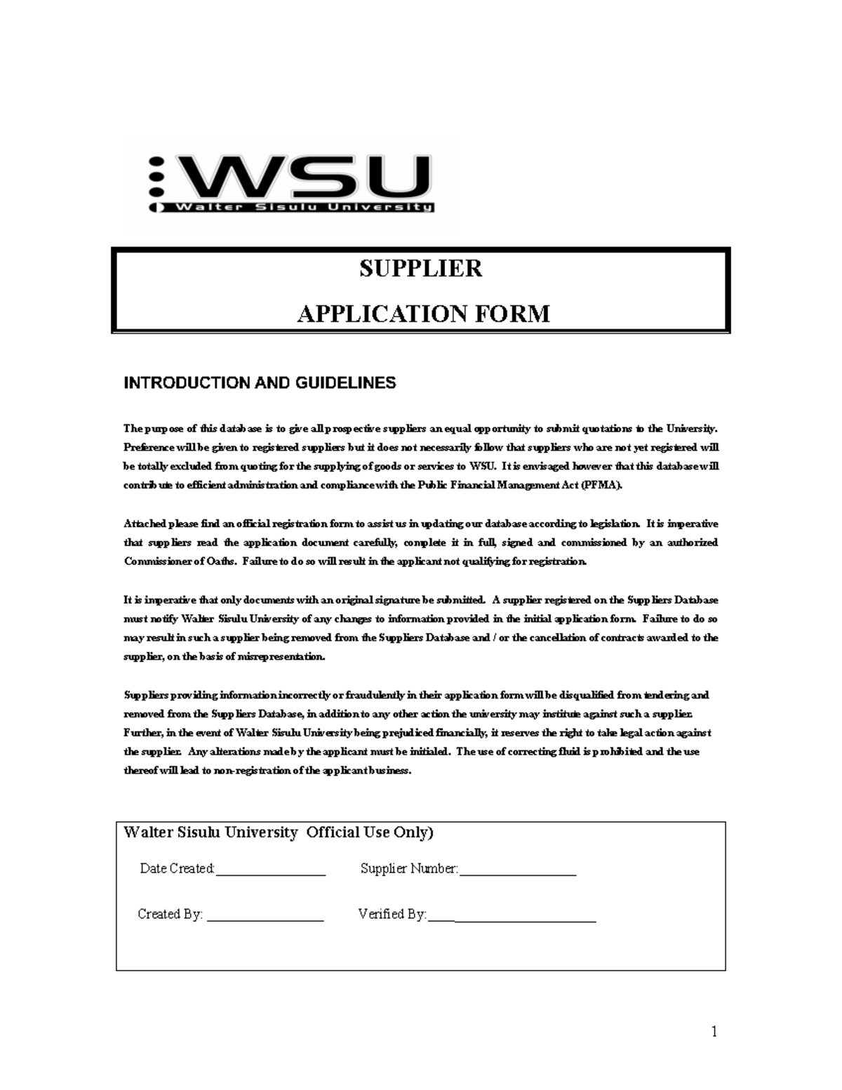 WSU Supplier Database Application Form Guidelines and Info - Studocu