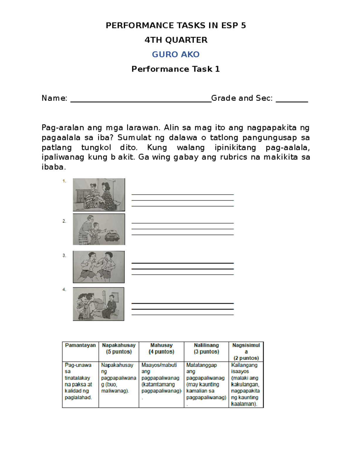 ESP-5-Q4 - Performance Tasks and Guidelines for 4th Quarter - Studocu
