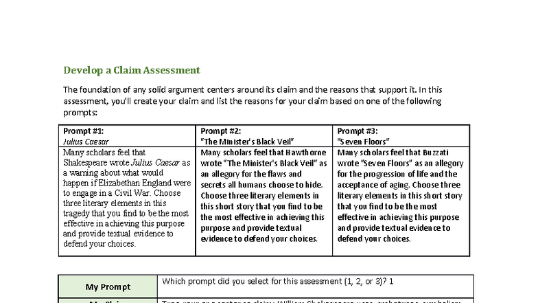 Claim Assessment Rubric for ELA: Julius Caesar Analysis - Studocu