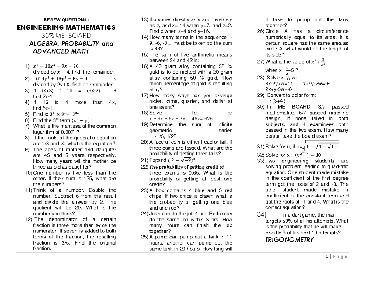Algebra, Probability & Advanced Math Review Questions (ENG MATH 101 ...