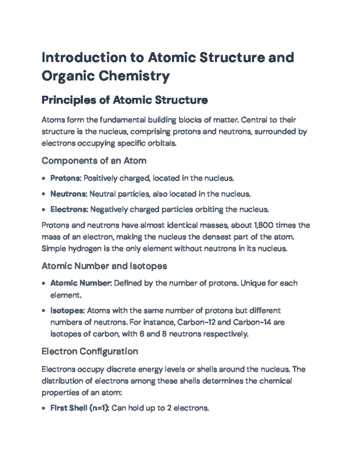 Introduction to Atomic Structure & Organic Chemistry Concepts ...