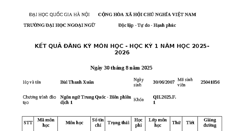 Kết Quả Đăng Ký Môn Học Học Kỳ 1 Năm Học 2025-2026 - QH.2025.F.1 - Studocu
