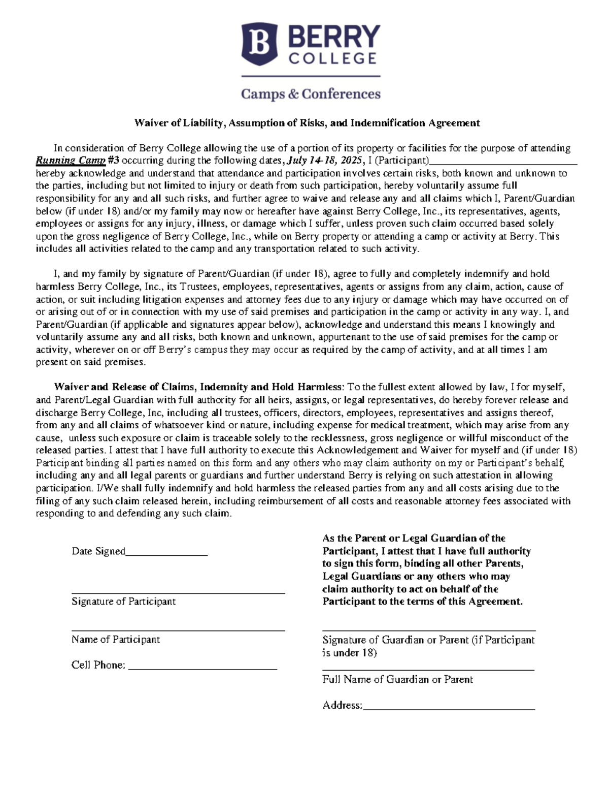 Running Camp #3 Waiver & Liability Agreement - Summer 2025 - Studocu