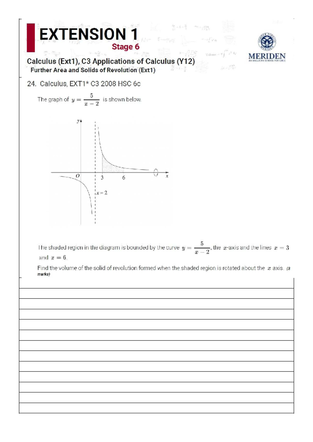 Past Paper Questions Booklet: Volumes in Calculus (Ext1) - Studocu