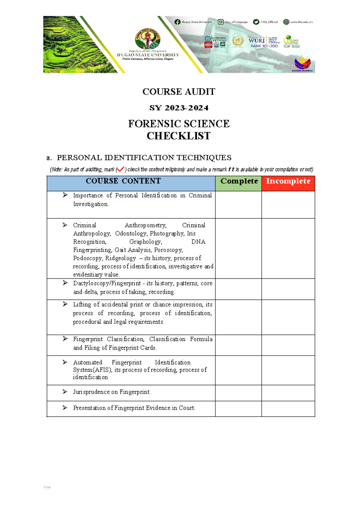 Forensic Science Course Audit Checklist SY 2023: Assessment Guide - Studocu