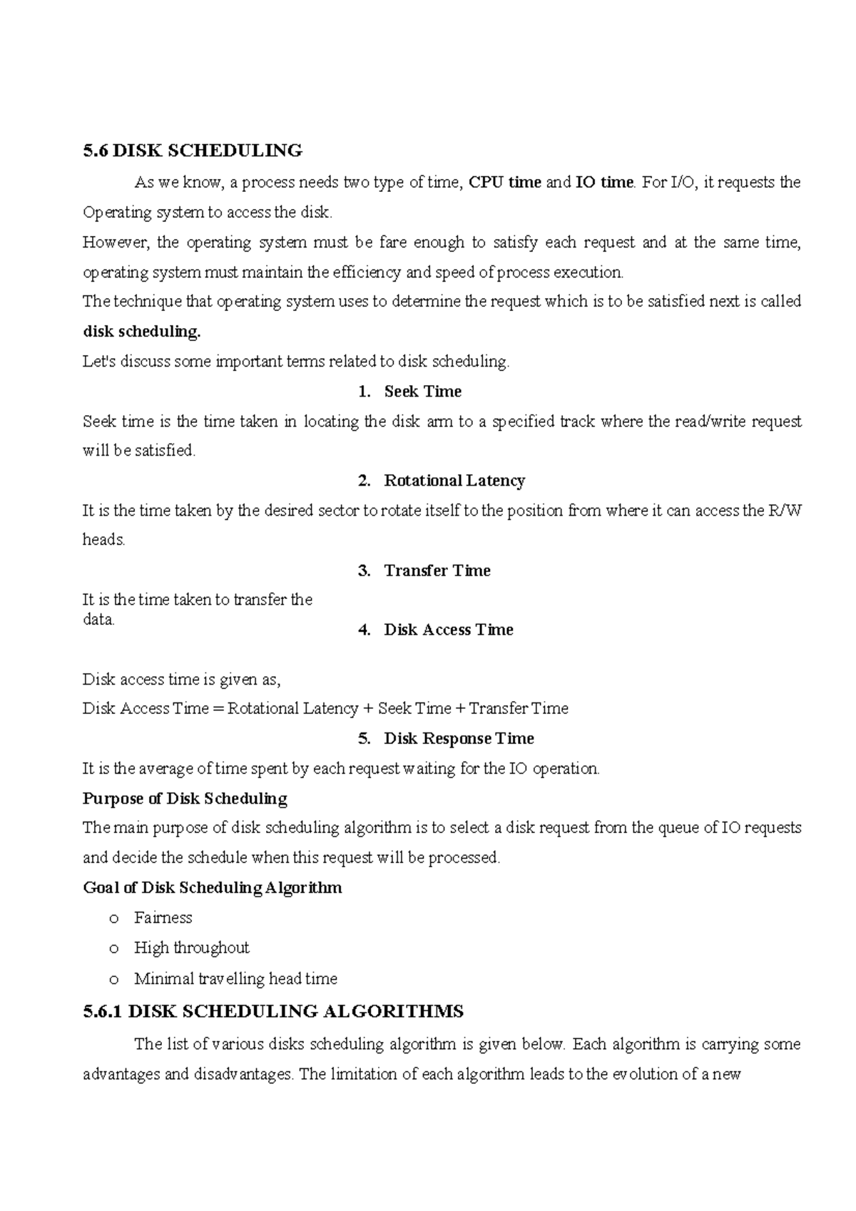 DISK Scheduling - 5 DISK SCHEDULING As we know, a process needs two ...
