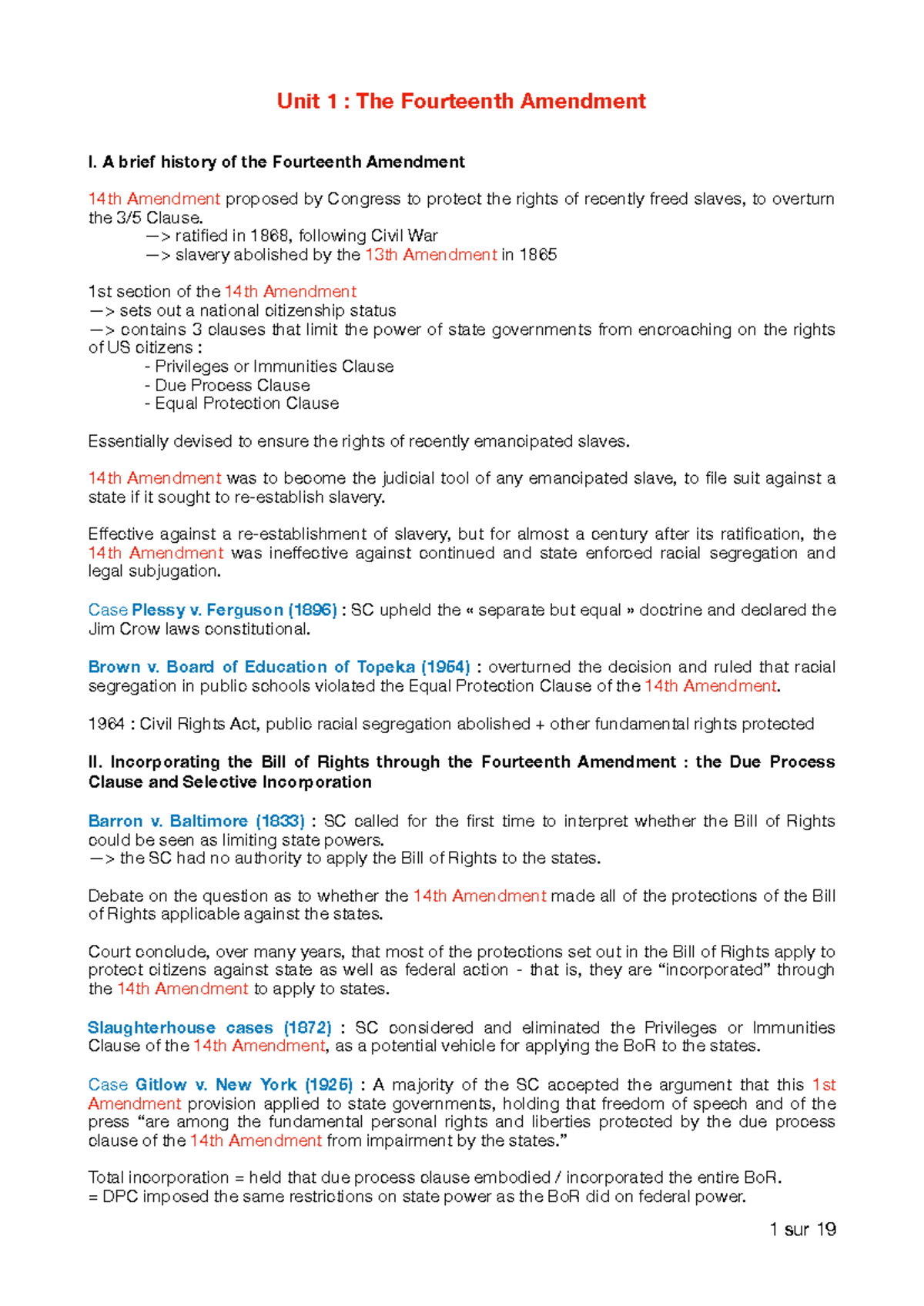 Fiches Booklet Anglais - Unit 1 : The Fourteenth Amendment I. A brief ...