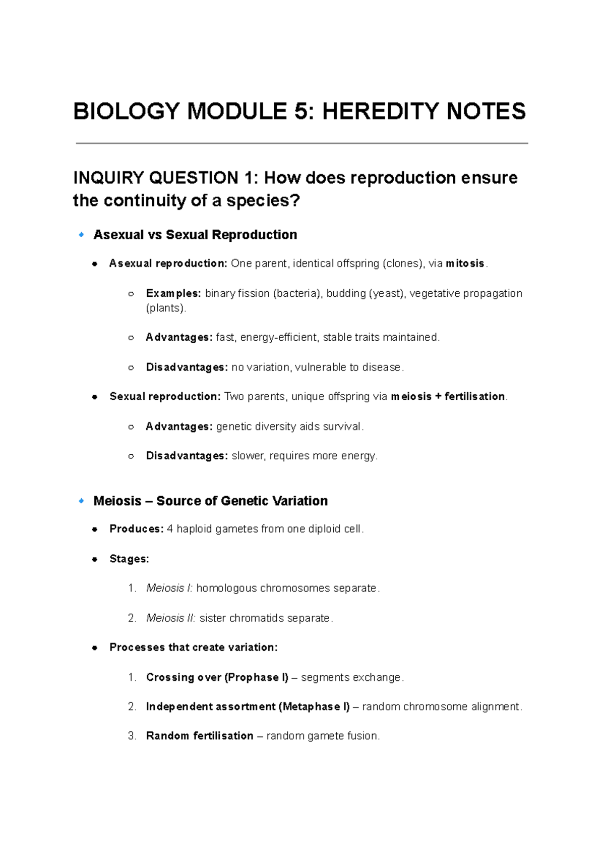 Biology Module 5: Heredity Notes and Inquiry Questions - Studocu