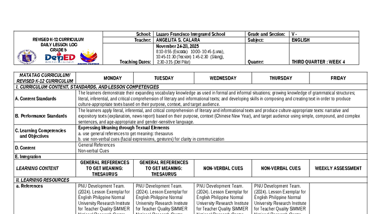 G5 English DLL Q3 W4 - Revised Curriculum Daily Lesson Log - Studocu