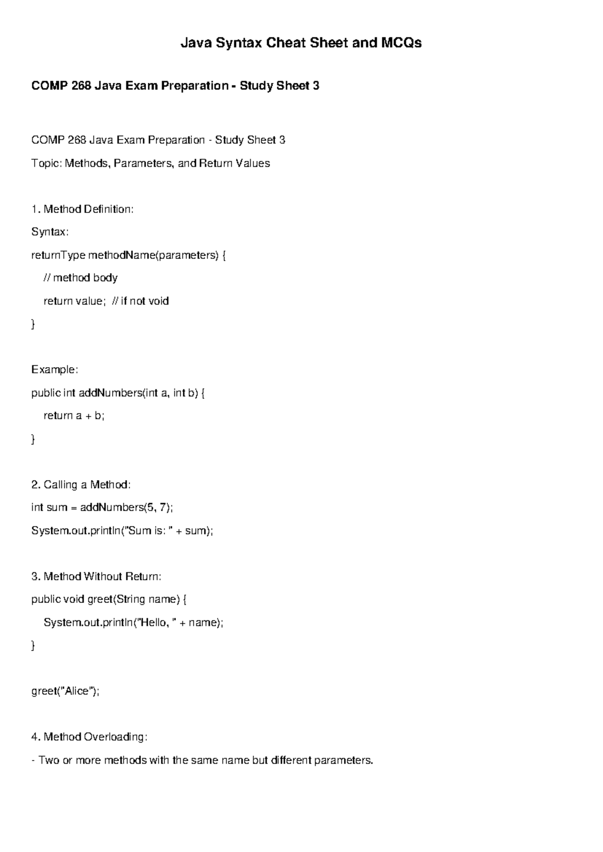 COMP 268 Java Exam Preparation: Methods, Syntax, and MCQs Cheat Sheet ...