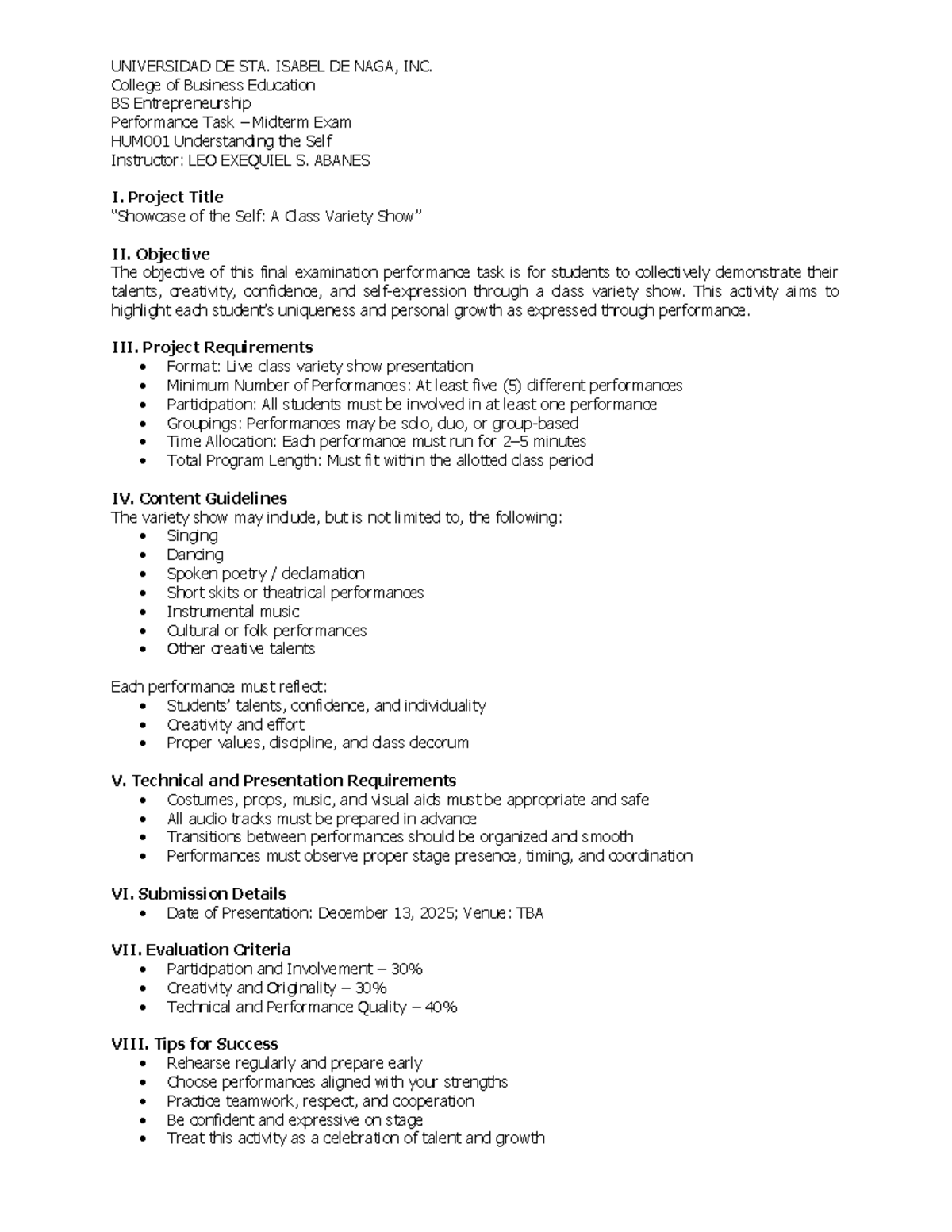 HUM001 Midterm Exam Performance Task: Class Variety Show Guidelines - Studocu