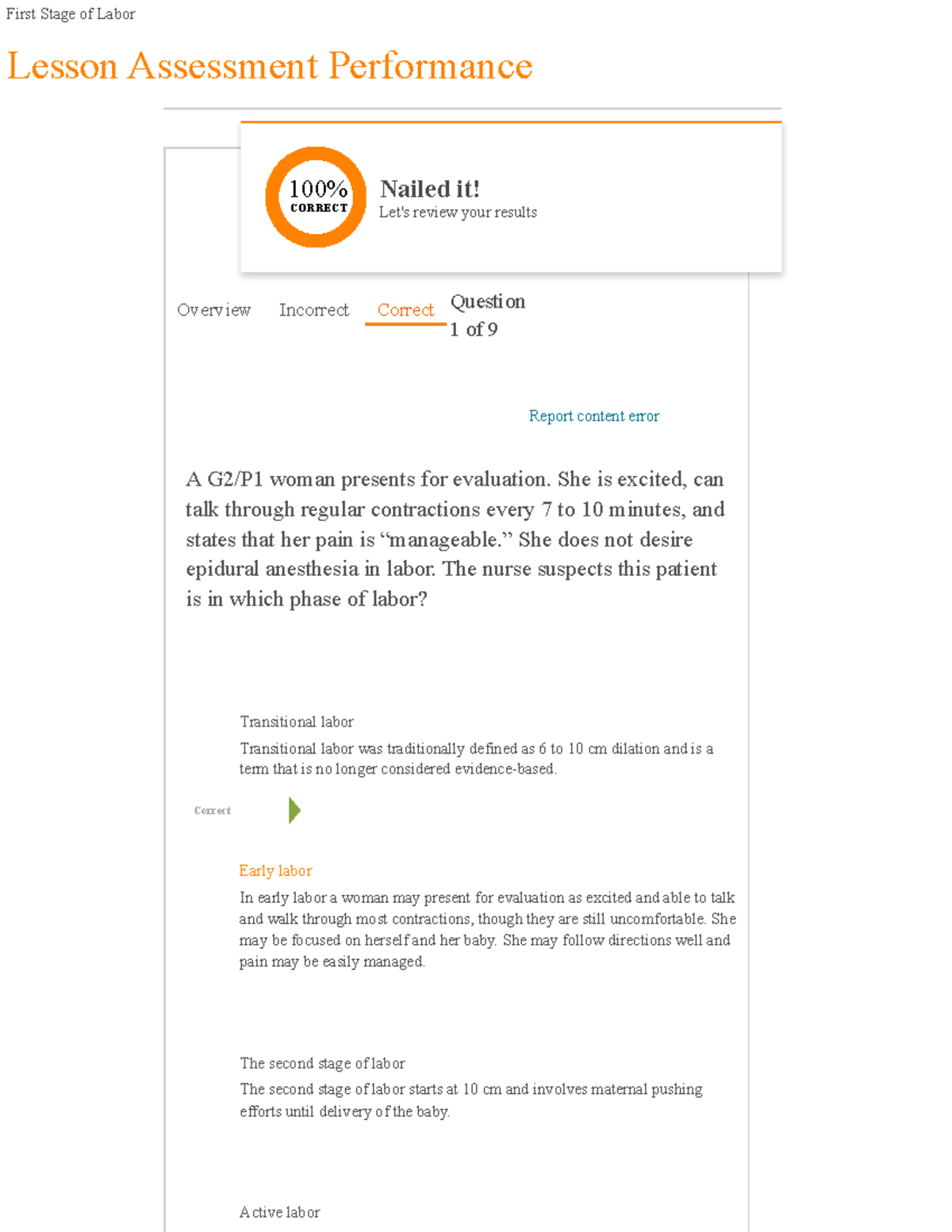 First Stage of Labor Lesson Assessment Results - CORRECT Overview - Studocu