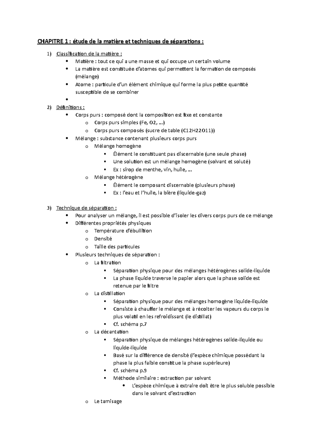 étude de la matière - Notes de cours chimie - CHAPITRE 1 : étude de la ...