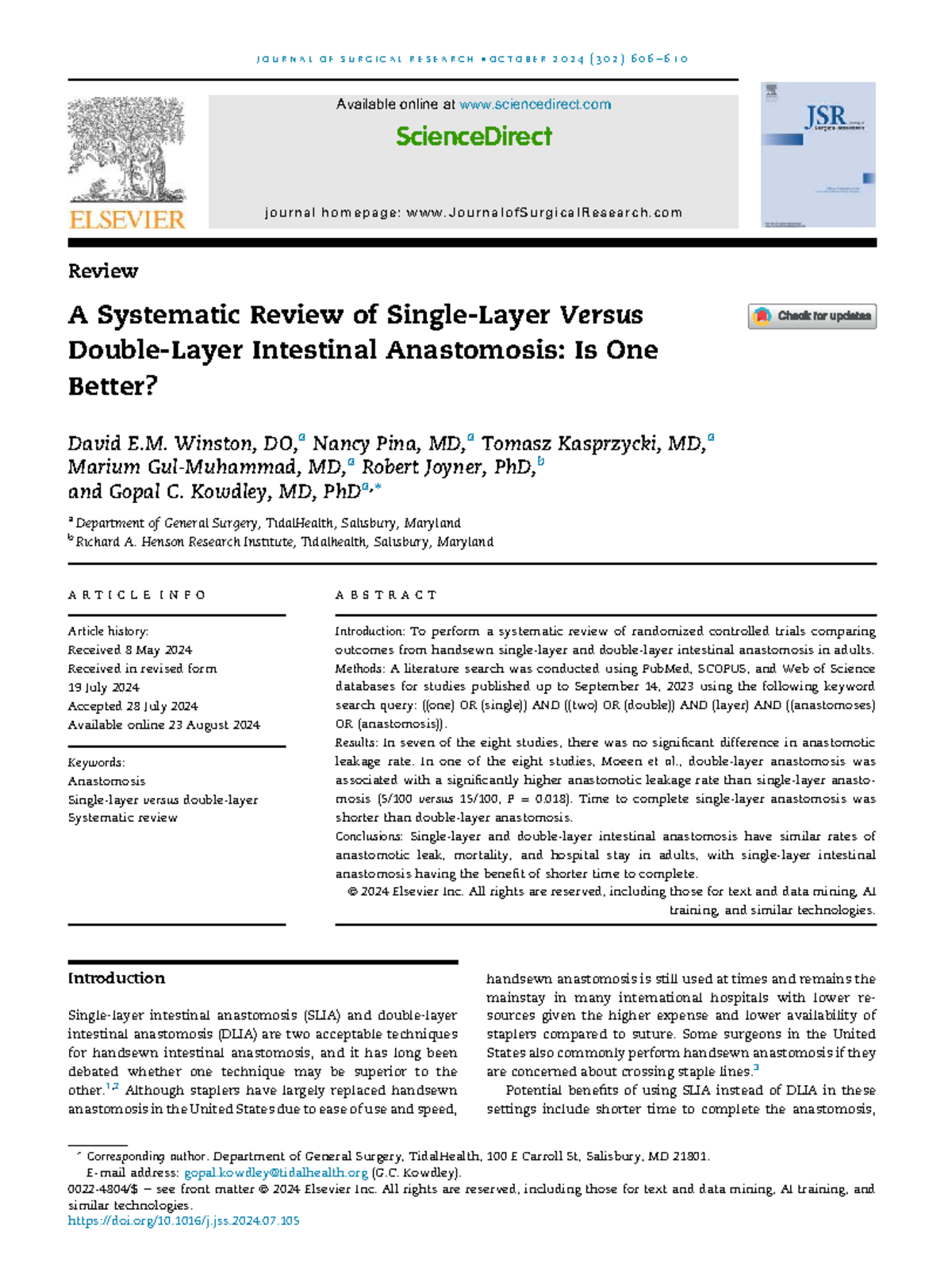 A Systematic Review of Single vs Double Layer Intestinal Anastomosis ...