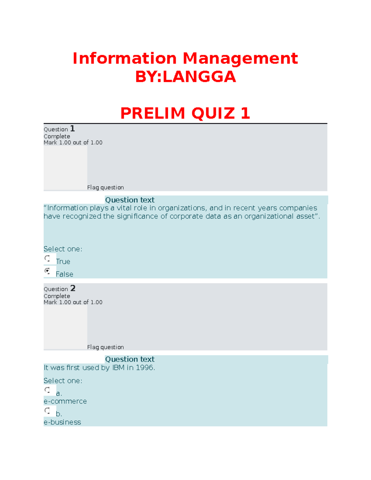Prelim Quiz & Exam for Info Management 1: Key Questions & Answers - Studocu