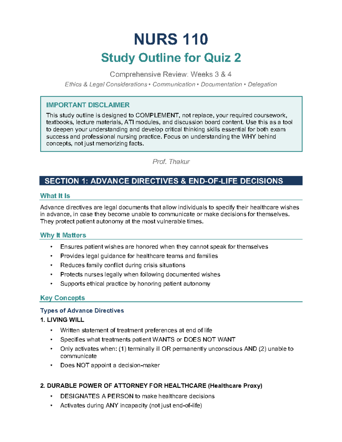 NURS 110 Study Outline for Quiz 2: Ethics & Legal Considerations - Studocu