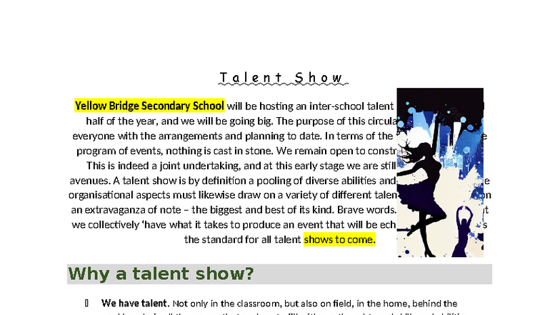 Talent Show Planning at Yellow Bridge Secondary School - Studocu