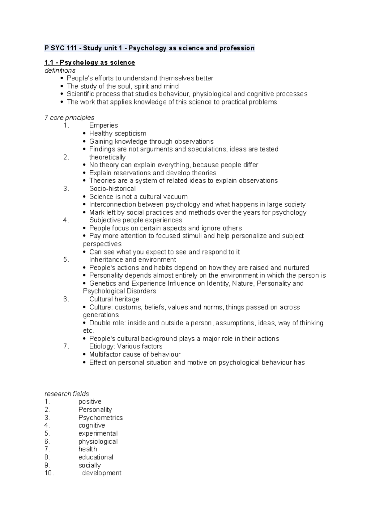 PSYC111 Final Exam Notes: Psychology as Science and Profession - Studocu
