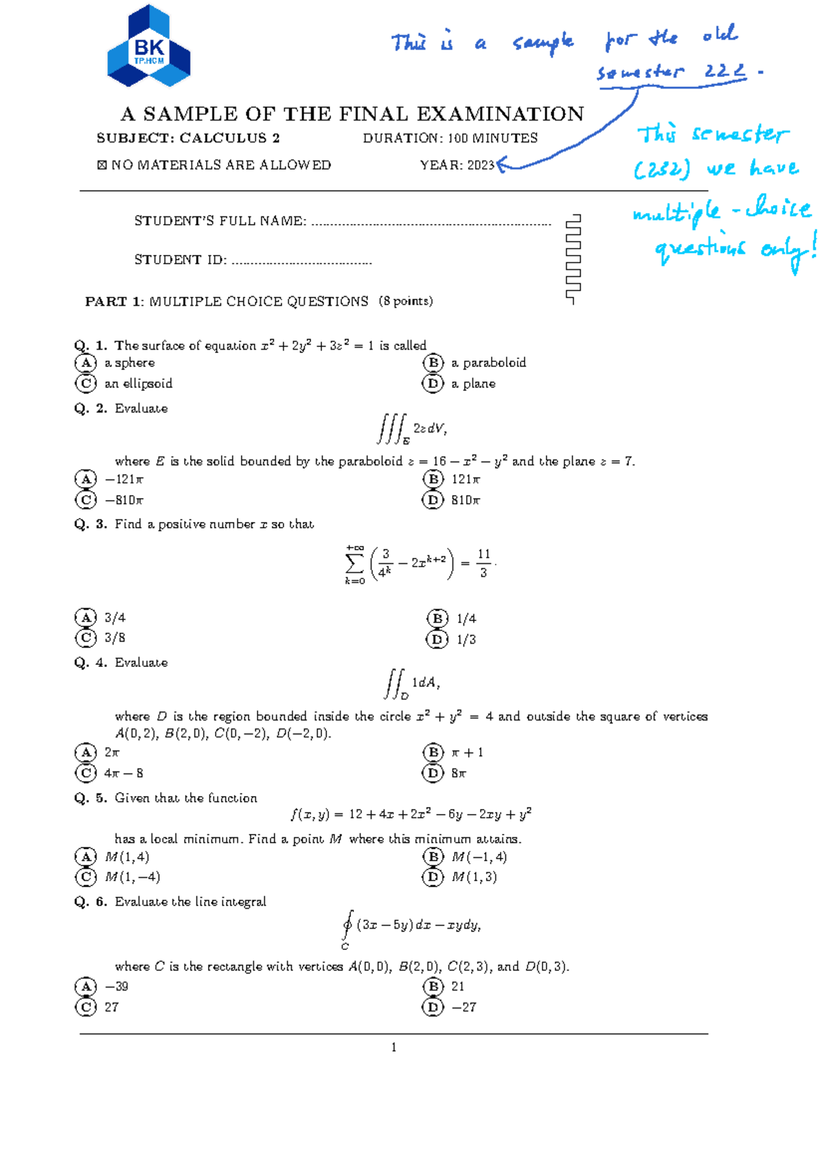 Calculus 2 222 - Đề thi giải tích 2 kỳ 222 - A SAMPLE OF THE FINAL ...