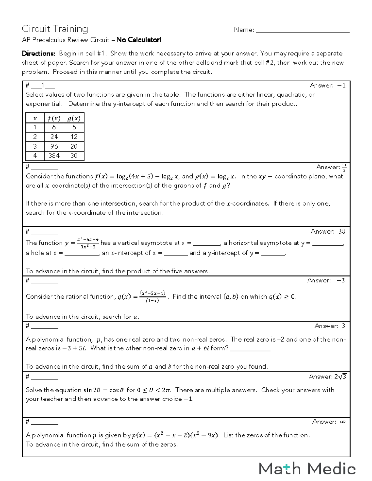 AP Precalculus Review Circuit: No Calculator Required - Studocu