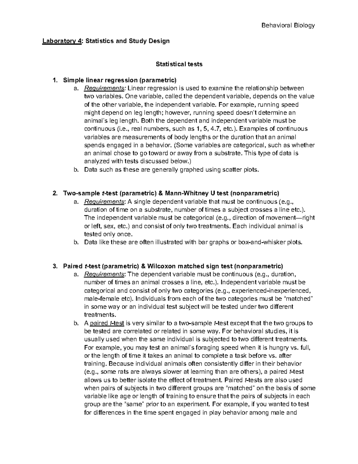 Behavioral Biology Lab 4: Statistical Tests Overview and Applications ...