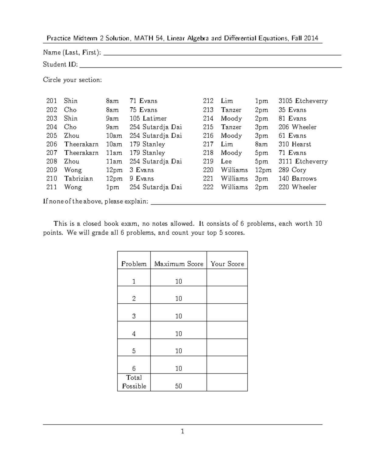 Practice Midterm 2 Solutions, MATH 54, Linear Algebra & Diff. Equations ...