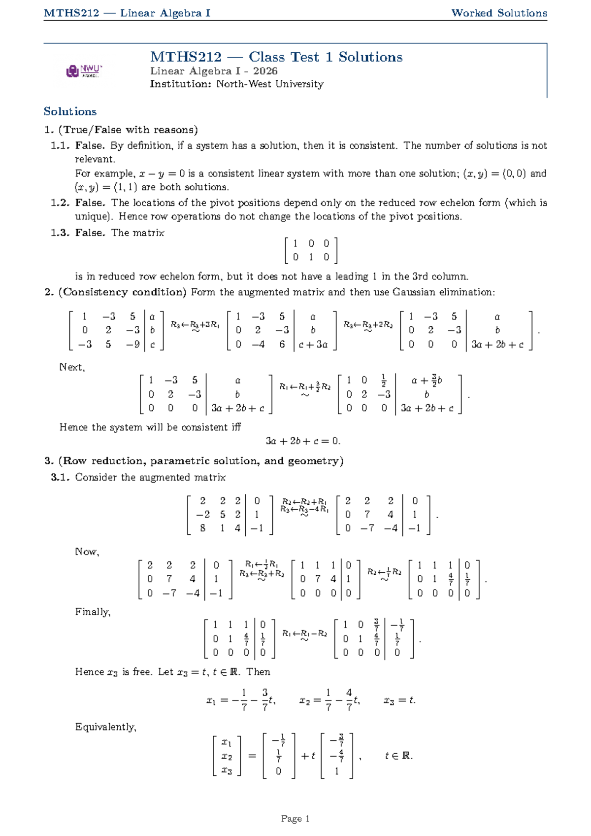 MTHS212 Linear Algebra I Class Test 1 Worked Solutions - Studocu