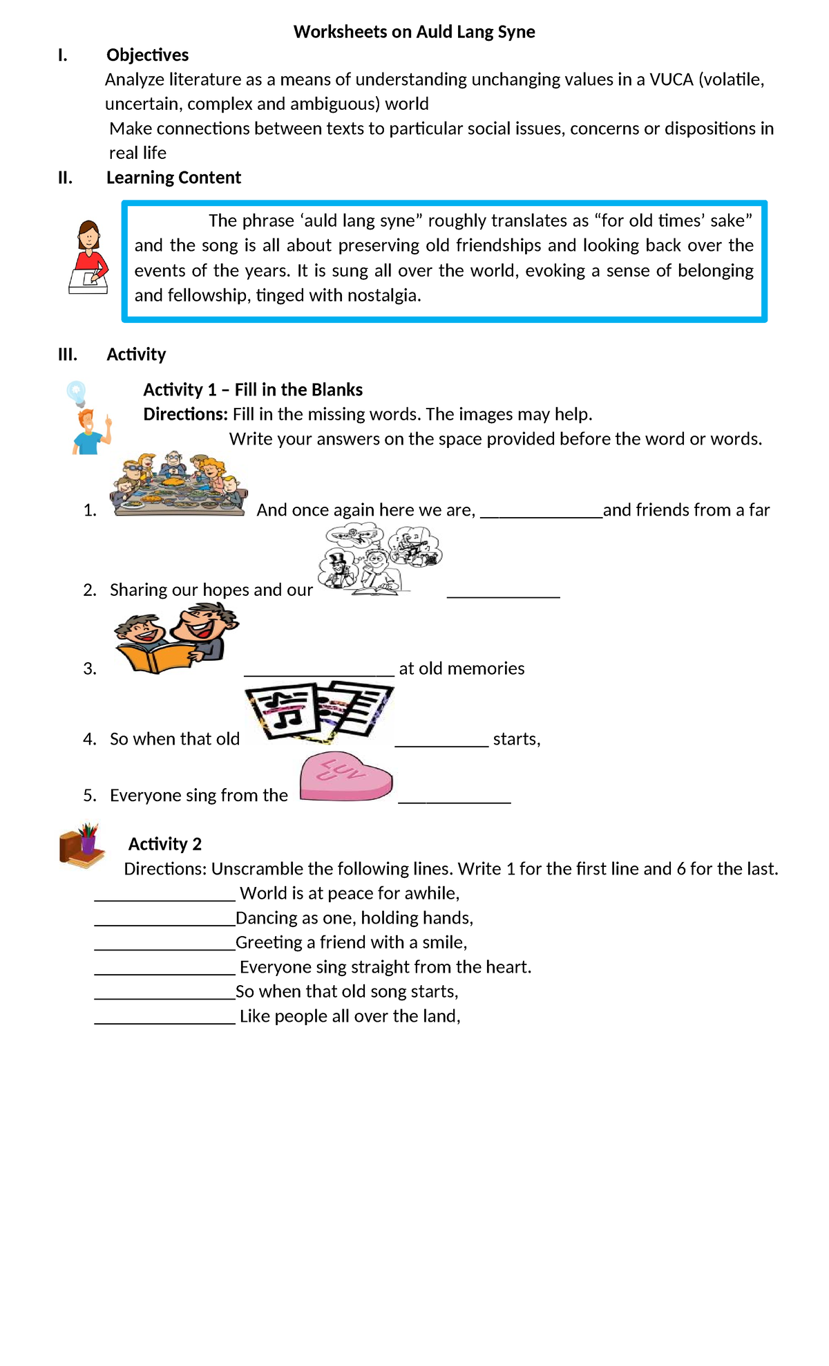 Worksheets on Auld Lang Syne: Analyzing Values in a VUCA World - Studocu
