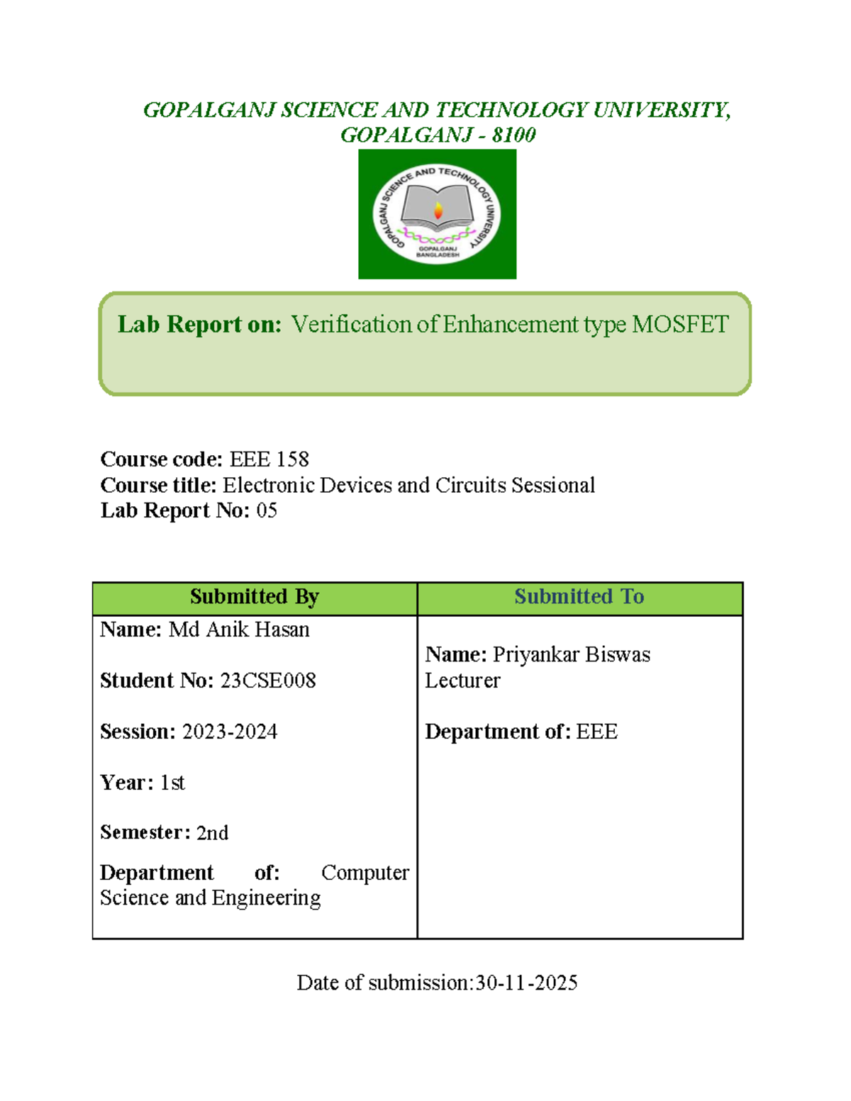 Lab Report 05: Verification of Enhancement Type MOSFET (Course Code ...