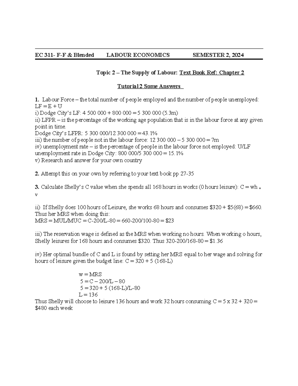 EC 311 F-F Blended Tutorial 2 - Labour Supply and Answers - Studocu
