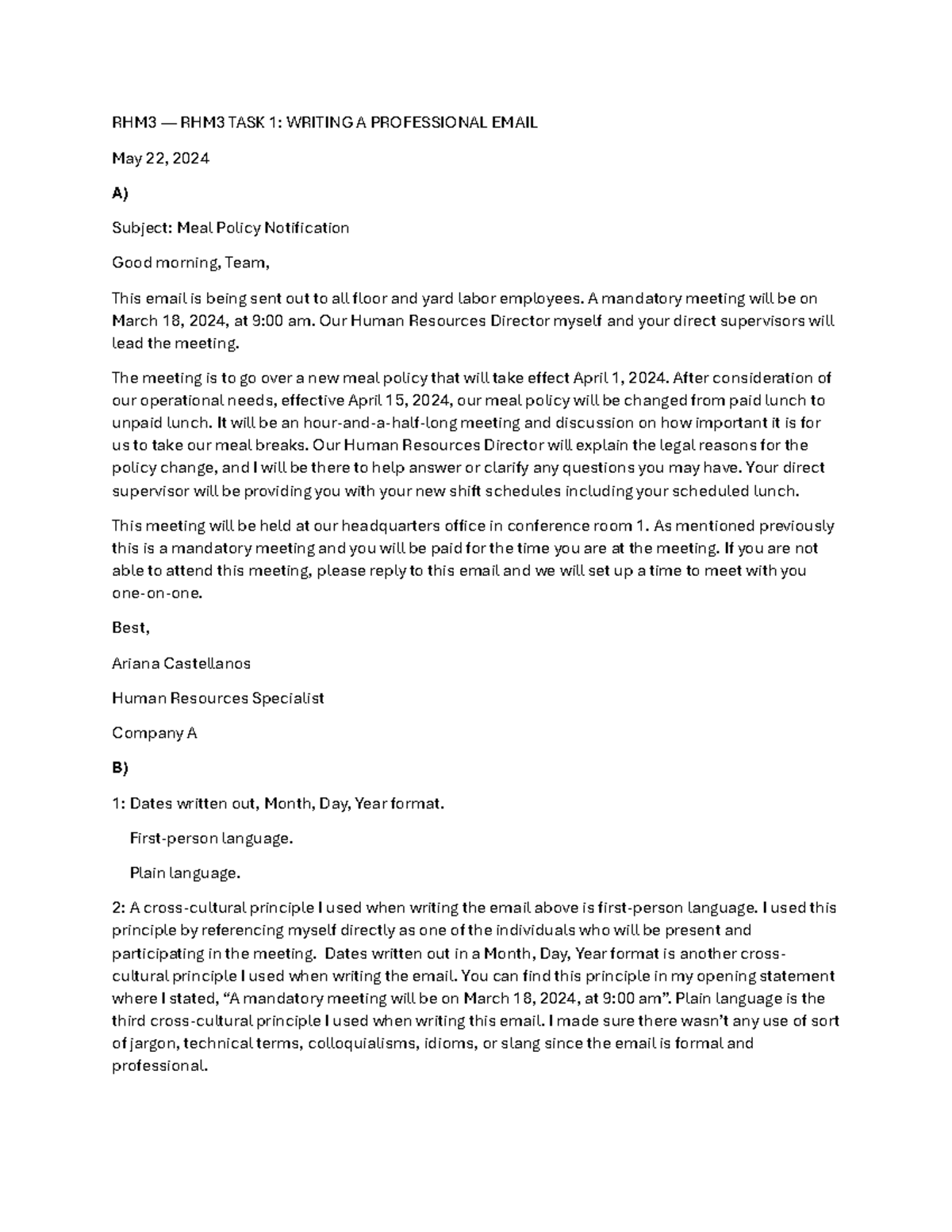 RHM3 - TASK 1: CRAFTING A PROFESSIONAL EMAIL COMMUNICATION - Studocu